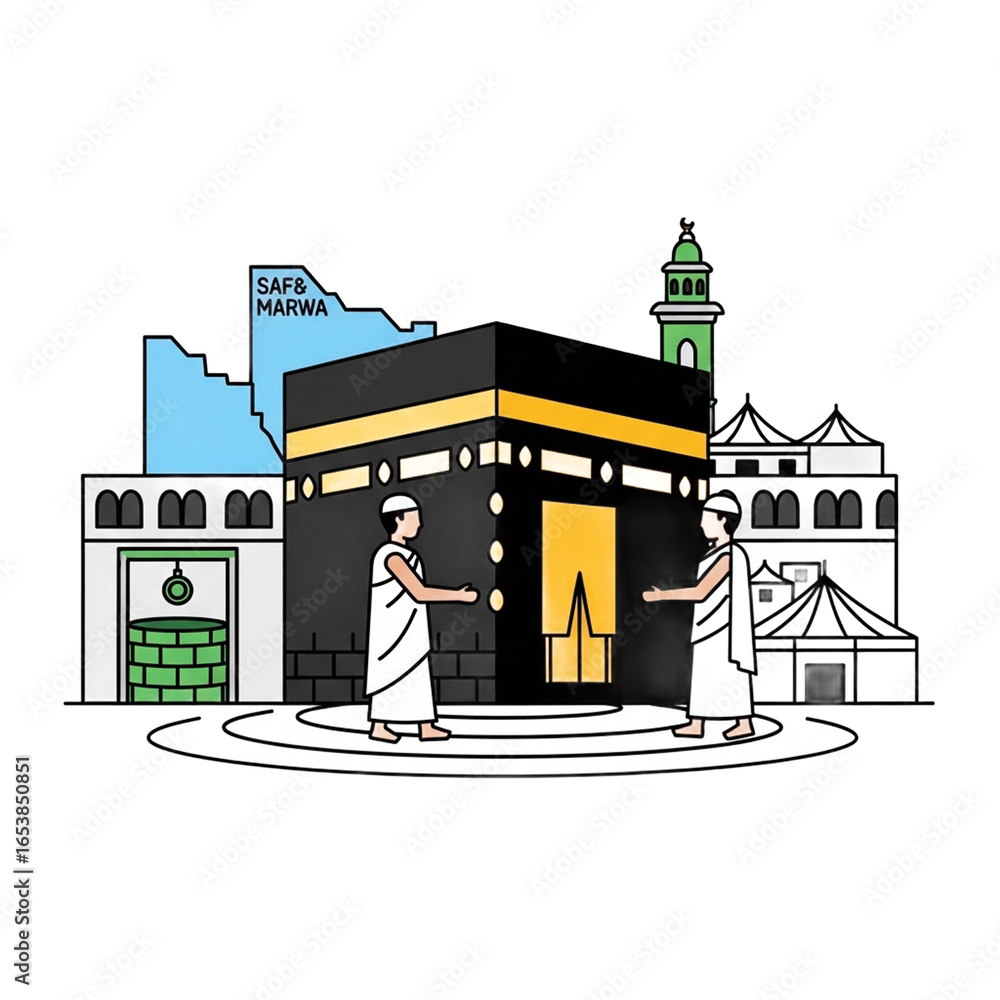 A stylized cartoon illustration of two Muslim pilgrims in white Ihram ...