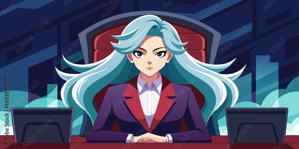 Anime style female CEO character illustration sitting confidently at ...