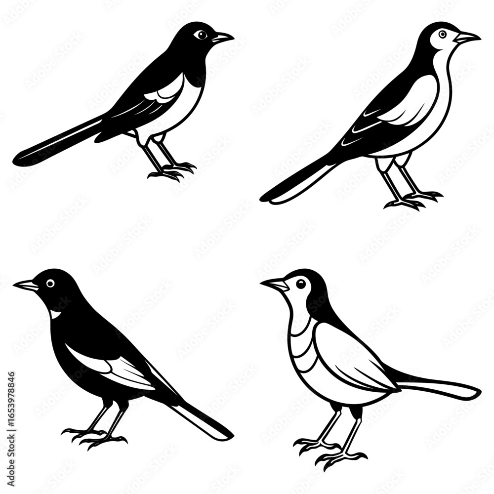 Four stylized magpie birds in black and white with distinct markings ...