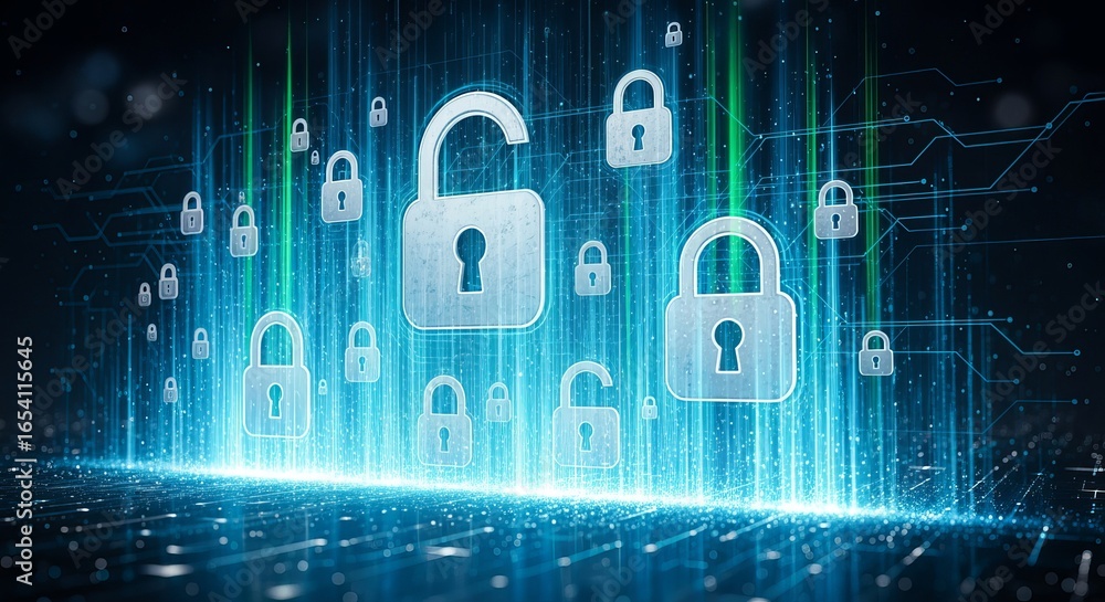 Digital padlocks with one open and others closed illustrating robust ...