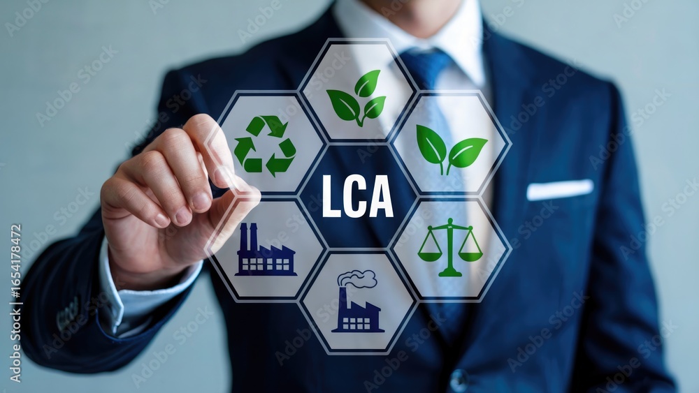 Business professional demonstrating LCA concept with eco industry icons ...