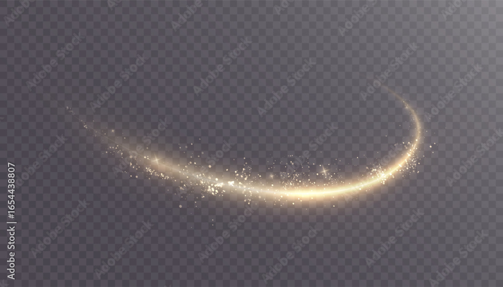 Golden curved light trail with spark particles and soft glow on ...