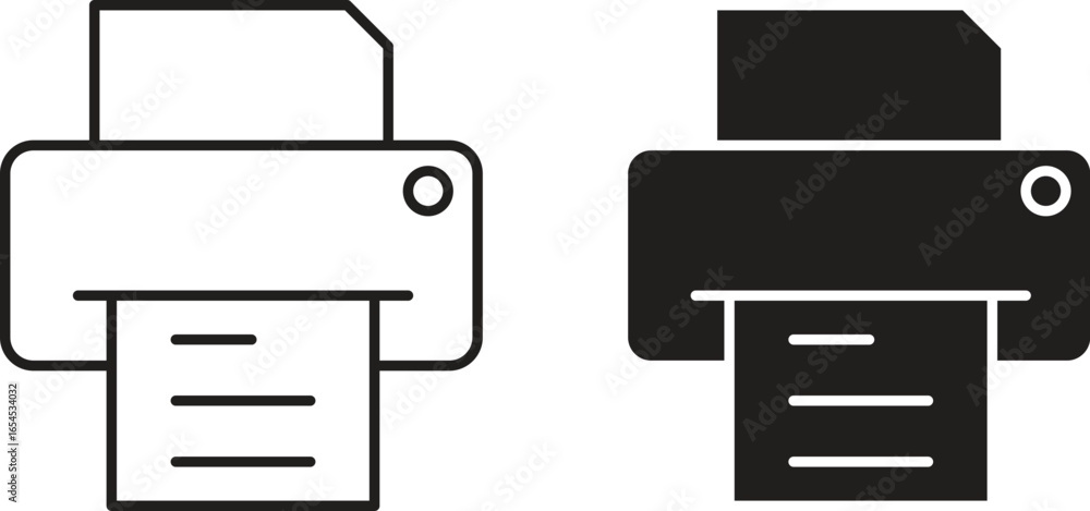 Two printer icons, one line art and one solid black, isolated on white ...