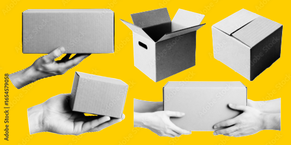 Halftone pop art collage of cardboard boxes in hands, delivery ...