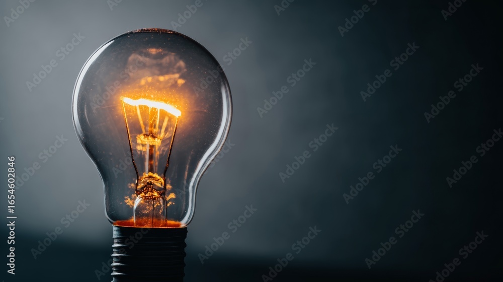 Close-up of glowing illuminated light bulb with bright filament in ...