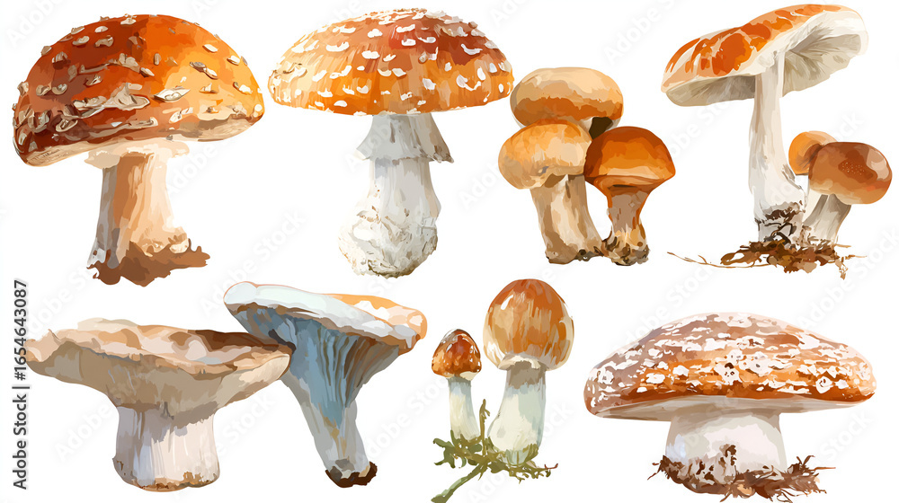 Collection of various mushrooms isolated on white background showing ...