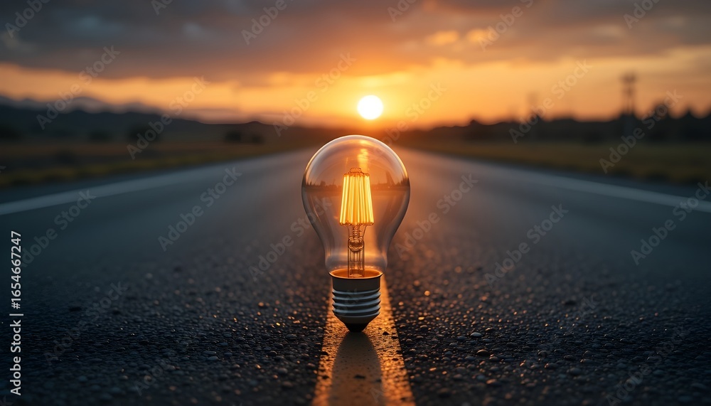 Light bulb on asphalt road with sunset in background representing ...