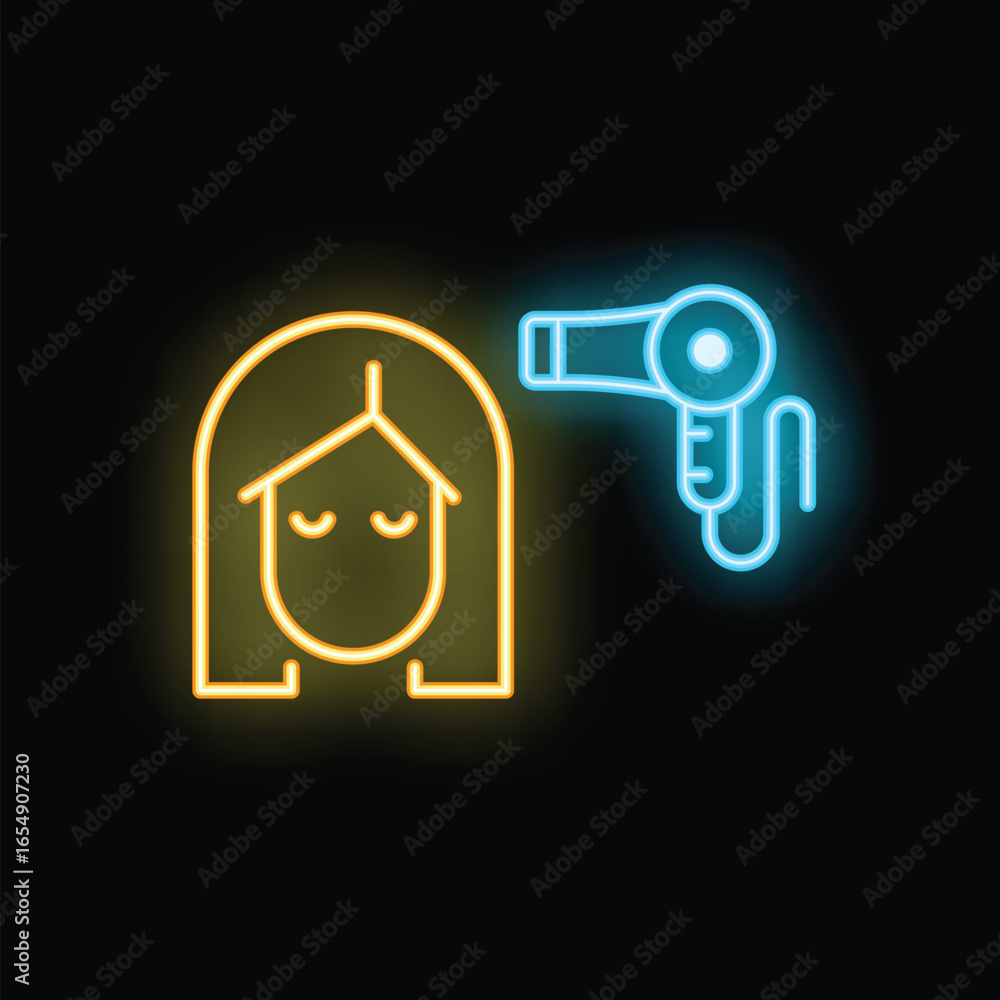 Neon sign depicting a woman with long hair getting her hair dried with ...