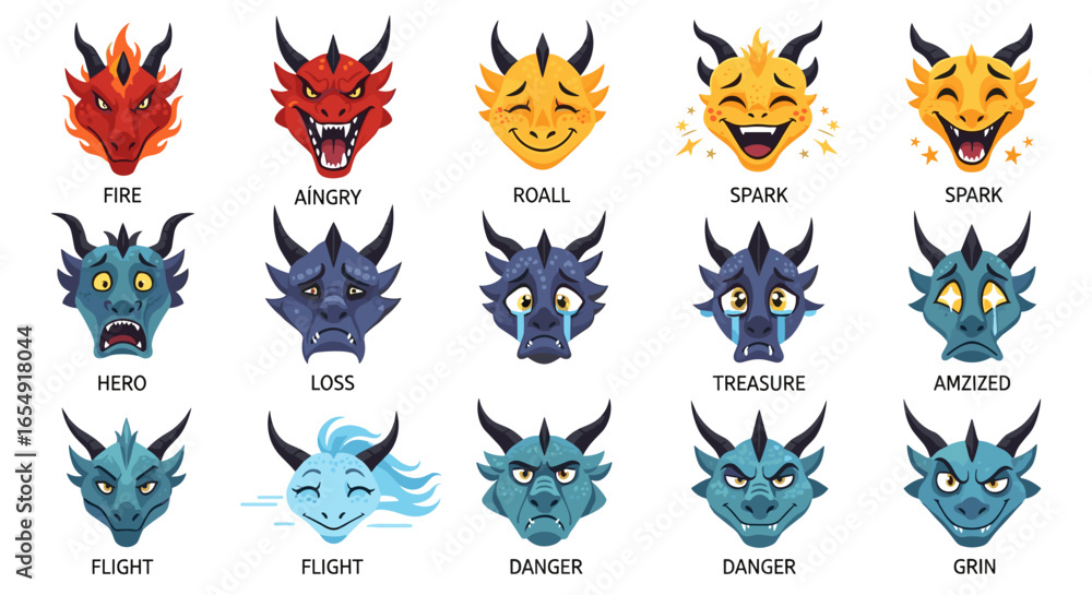 Various dragon faces showing different emotions such as happy sad angry ...