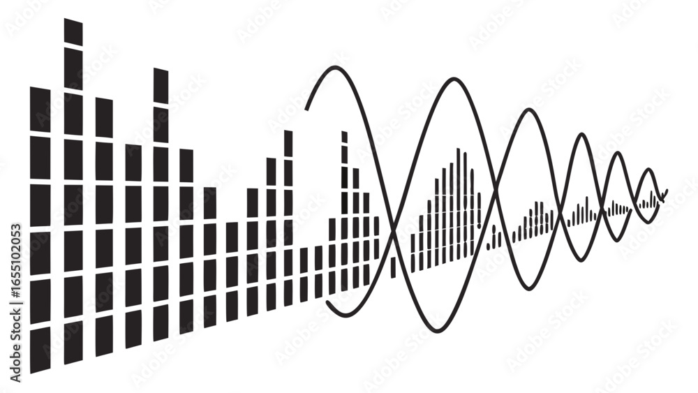 Black audio equalizer bars with sine waves showing sound frequency and ...