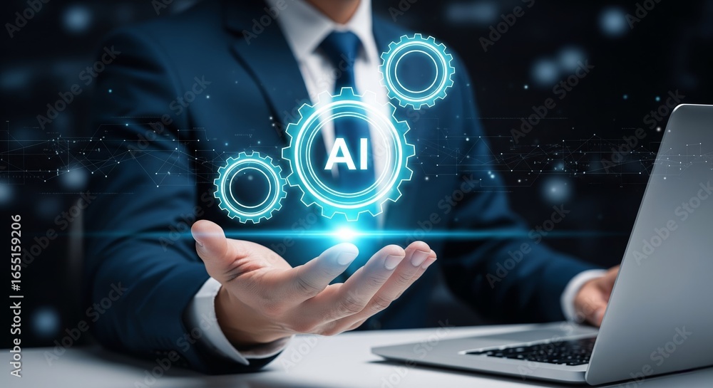 Illustration Stock AI Gear: An executive extends a hand, showcasing ...