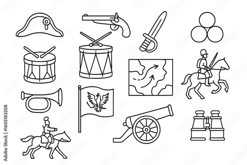 Napoleonic War Symbols. Line style icons of Napoleonic warfare: bicorne ...