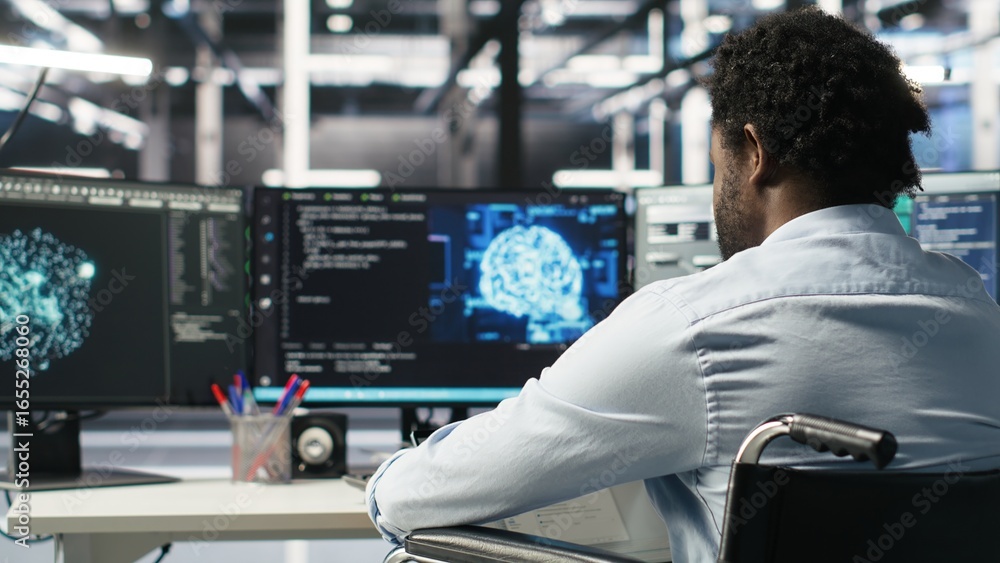 Server room programmer with paraplegia interprets AI generated data analytics graphs. Man in ...