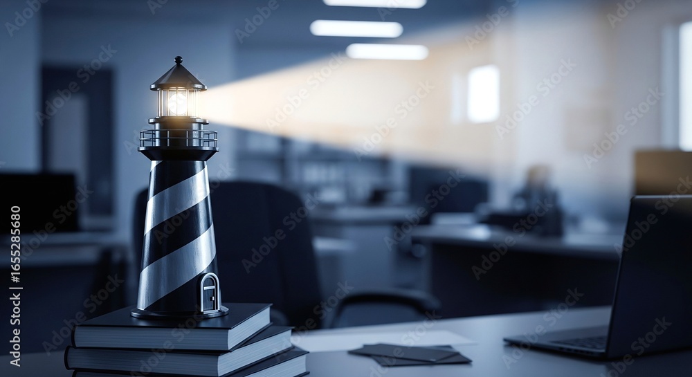 Miniature lighthouse model on a stack of books illuminating a modern ...