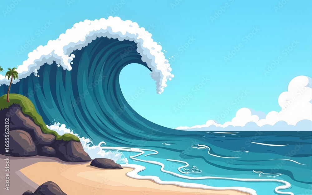 Cartoon tsunami wave towers over Earth, emphasizing World Tsunami ...