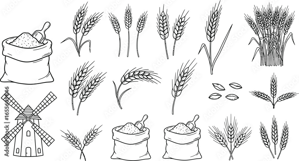 Wheat grain harvest vector illustration outline drawing Stock Vector ...