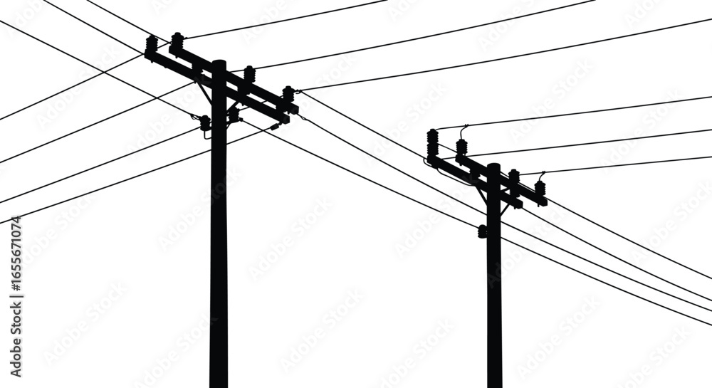 Electric utility poles, power lines silhouette, electrical transmission ...
