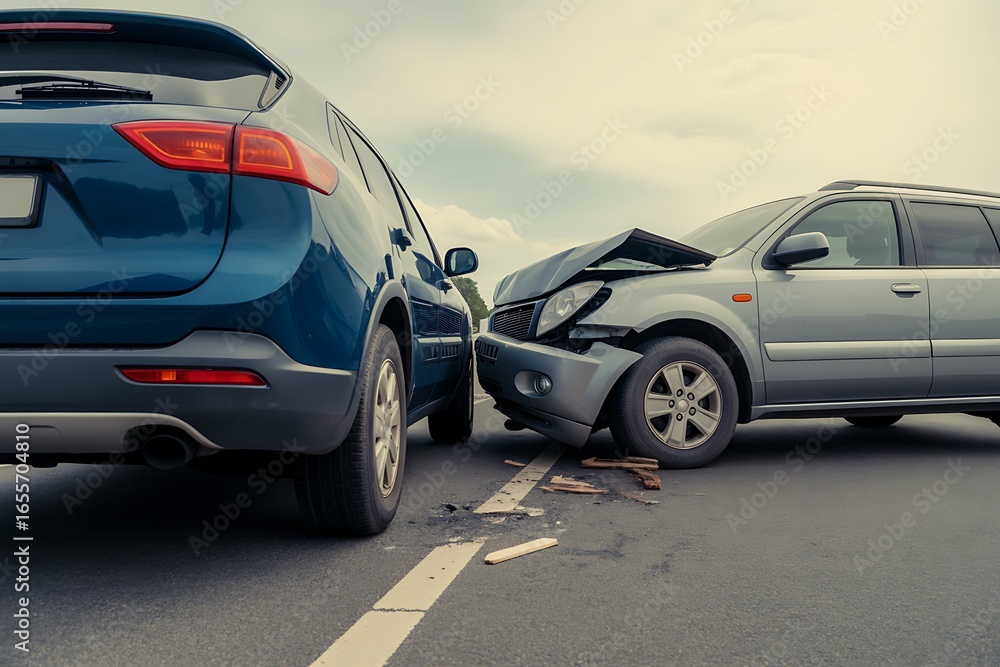 Vehicle collision resulting in front end damage to a silver SUV and ...