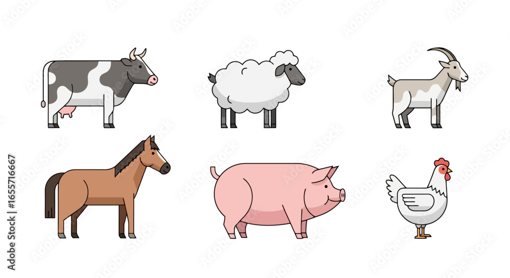 Farm Animal Illustrations Set Featuring Cow, Sheep, Goat, Horse, Pig ...