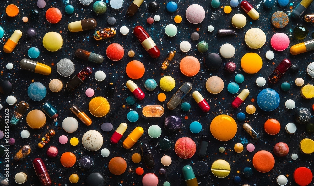 Array of multicolored pharmaceutical pills and capsules spread across a ...