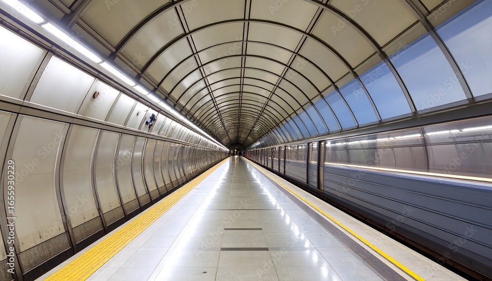 Túnel de metro con bóveda curva y tren en movimiento lateral en ...