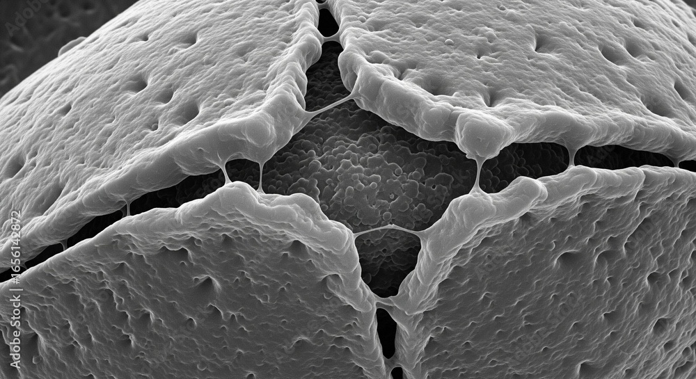Magnified black and white view of a single pollen grain, a scanning ...