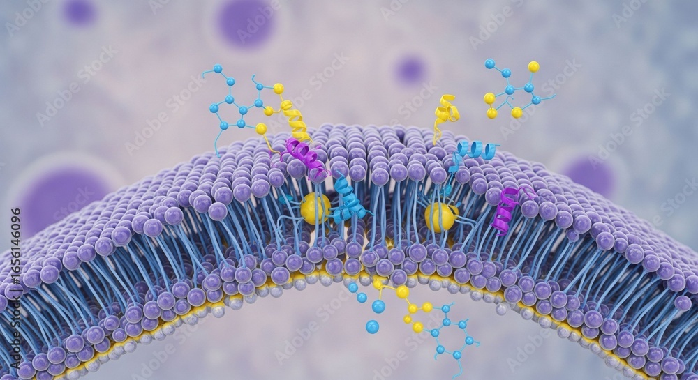 Scientific 3D illustration of molecular transport across a cell ...