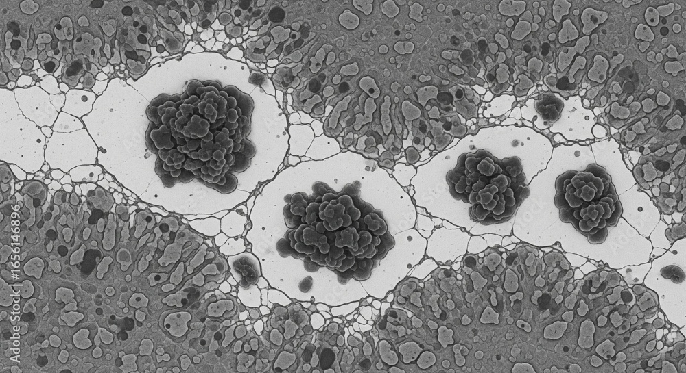 Black and white electron micrograph showcasing detailed cellular ...