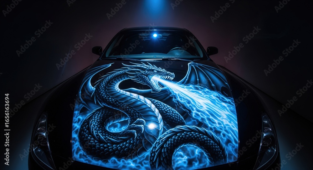 Custom car with a blue fantasy dragon airbrush painting on the hood in ...