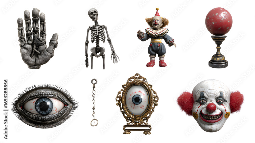 Collection of creepy Halloween horror props including skeletal hand ...
