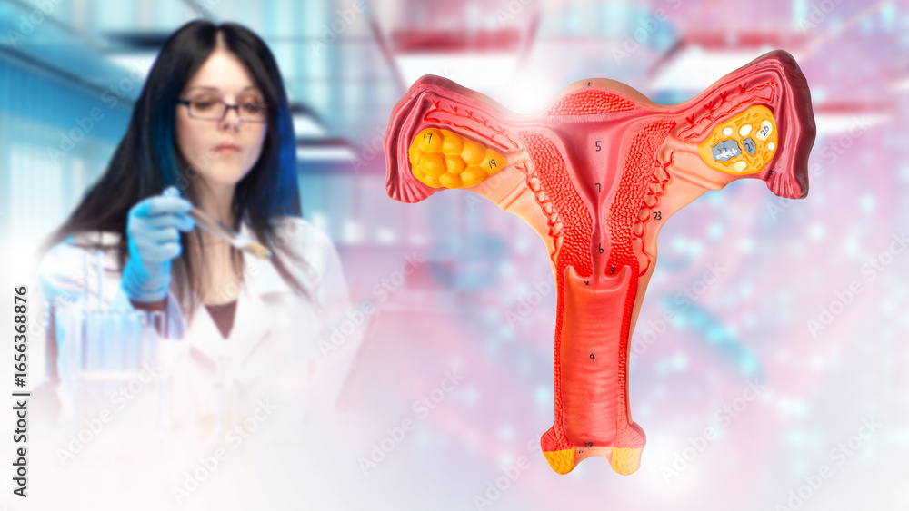 Medicine gynecology. Model uterus and ovaries in section. Woman ...