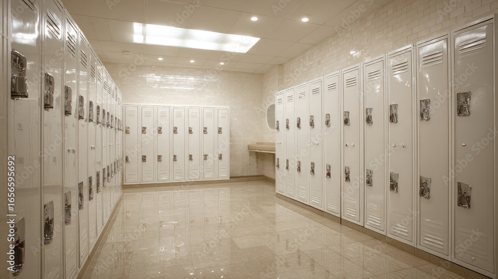 Clean, bright locker room with rows of white lockers and a sink area ...