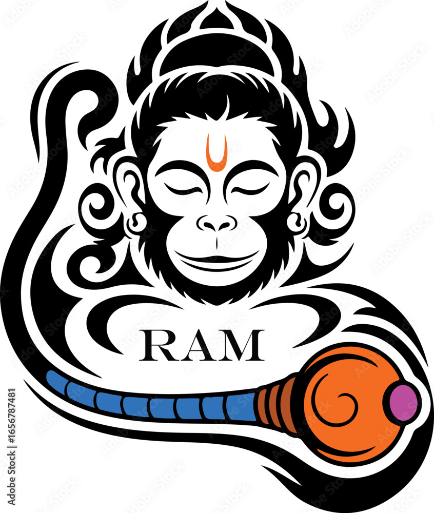 Hanuman god tribal art with mace and tilak vector, transparent ...