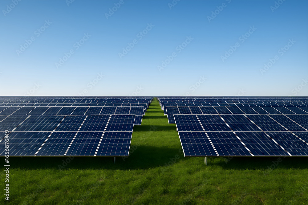 Vast solar farm under a clear blue sky rows of panels extend to the ...