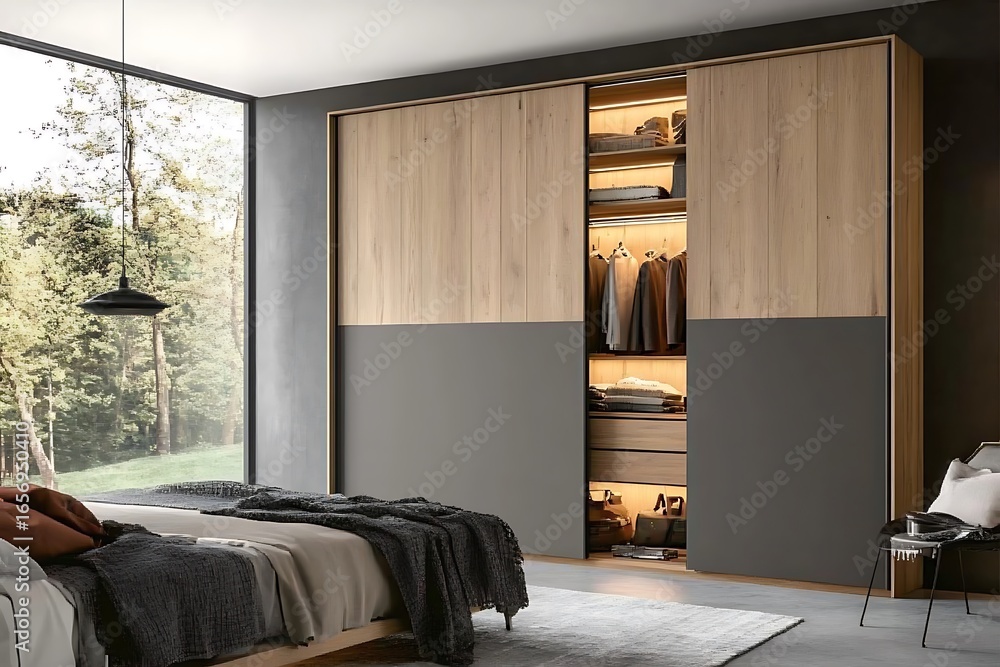 Integrated wardrobe with light wood grain and open center shelving used ...