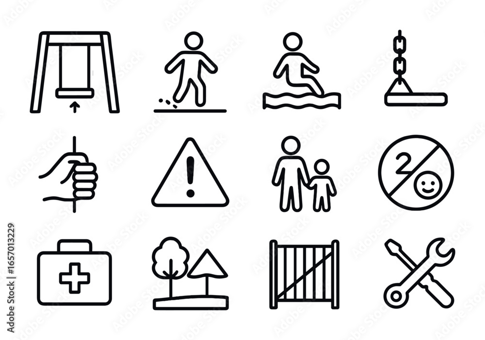 Playground Safety Icons. Outline icon set of public playground safety ...