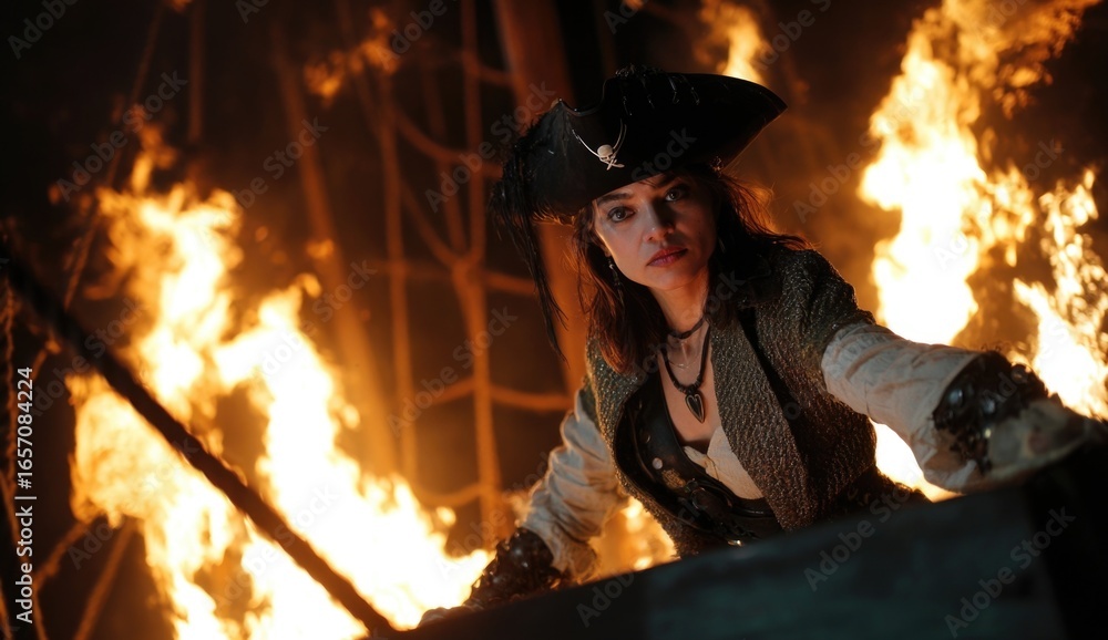 Strong female pirate aboard a blazing ship. Determined woman buccaneer ...