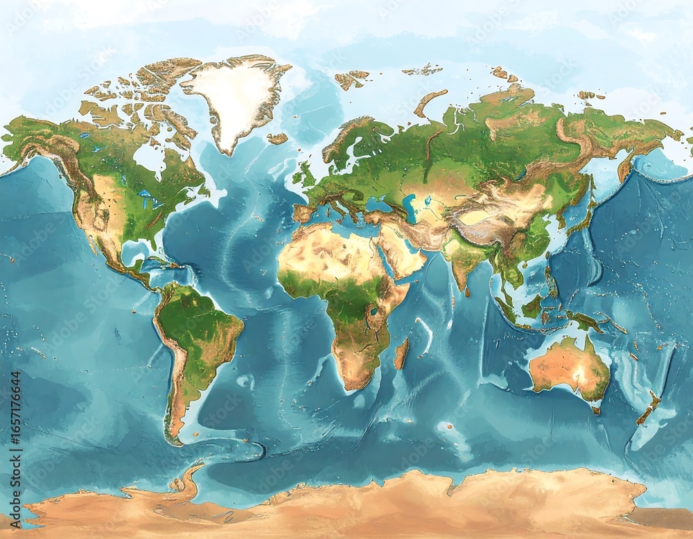 World map, shaded relief, detailed continents and oceans Stock Photo ...