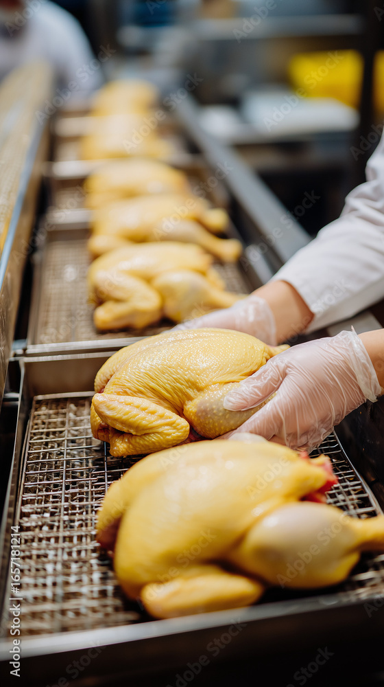 Whole chickens being positioned on stainless trays along an automated ...