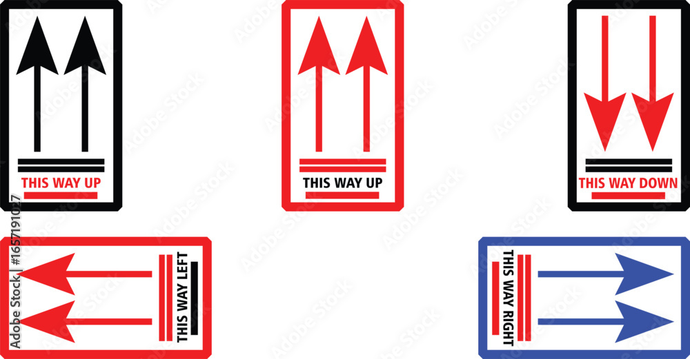 This way up fragile packaging label vector set with direction arrow ...