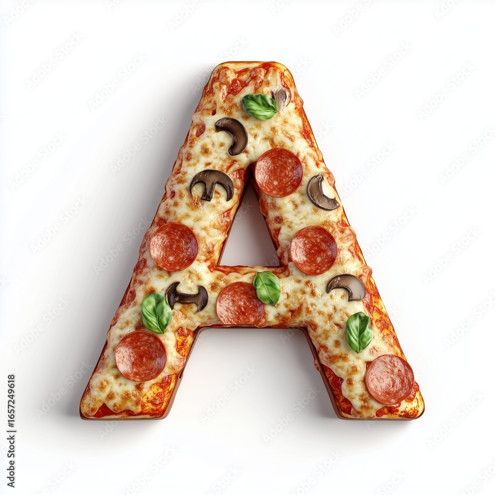 Letter A shaped alphabet from pizza pattern with sausage slice ...