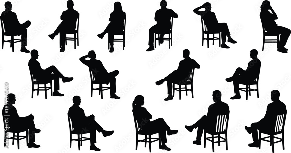 PrintSilhouette vector illustration of fifteen people sitting on chairs ...