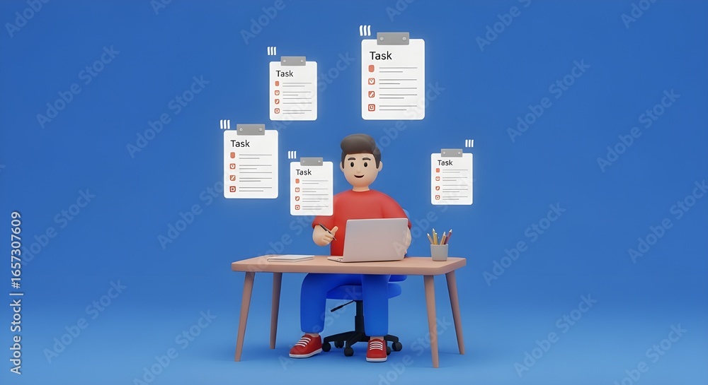 Ilustración de Stock Cartoon office worker cheerfully manages tasks at ...