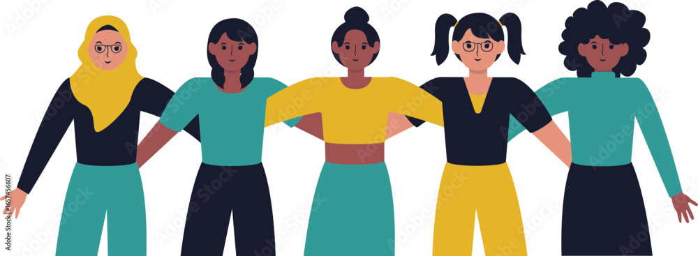 Five diverse women stand shoulder to shoulder, arms linked, symbolizing ...