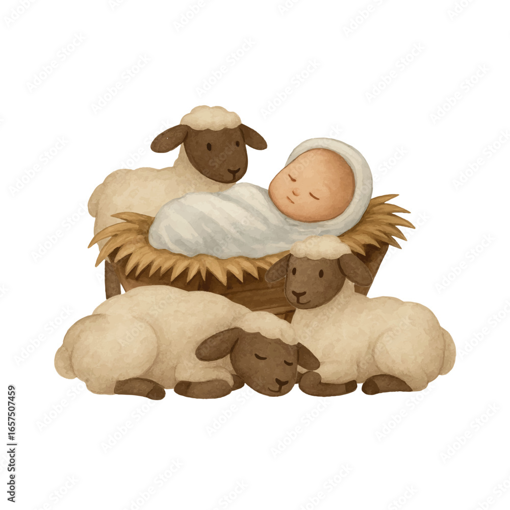 Vector Watercolor Nativity scene with Baby Jesus in a manger surrounded ...