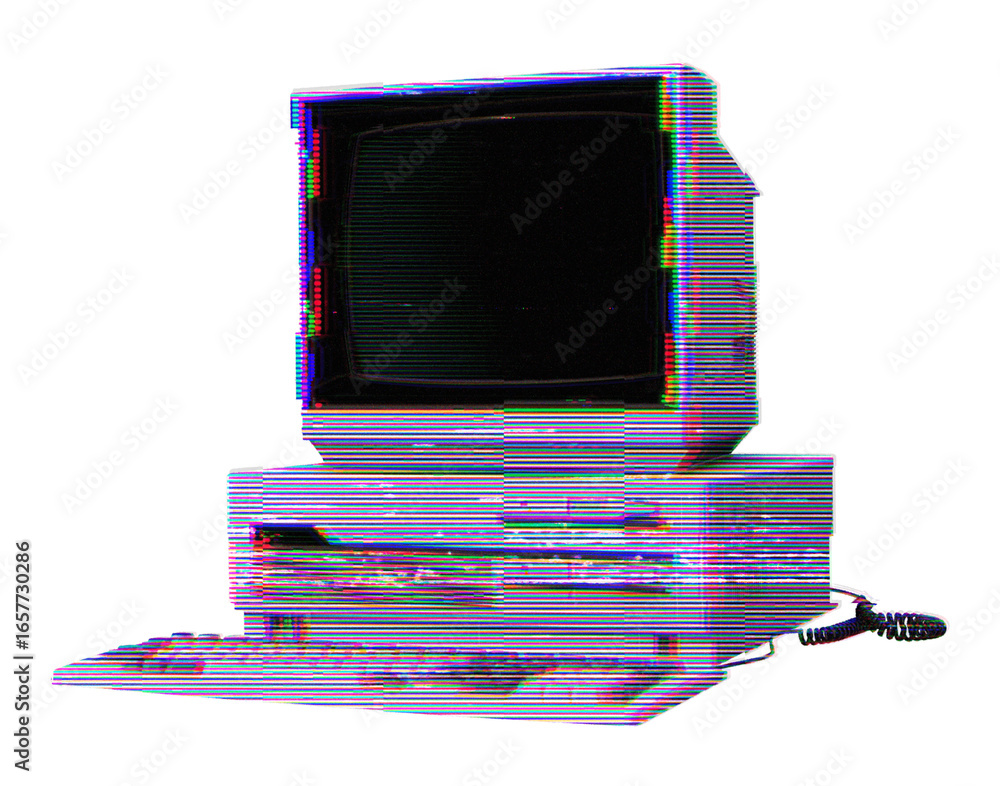 Retro desktop PC computer collage element with digital glitch ...