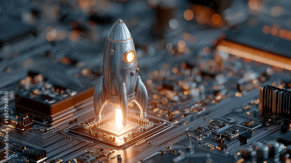 Silver rocket launching from a modern computer chip on a dark ...