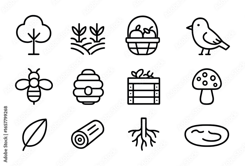 Agroforestry Icons Grid. Outline icon set of agroforestry systems: tree ...