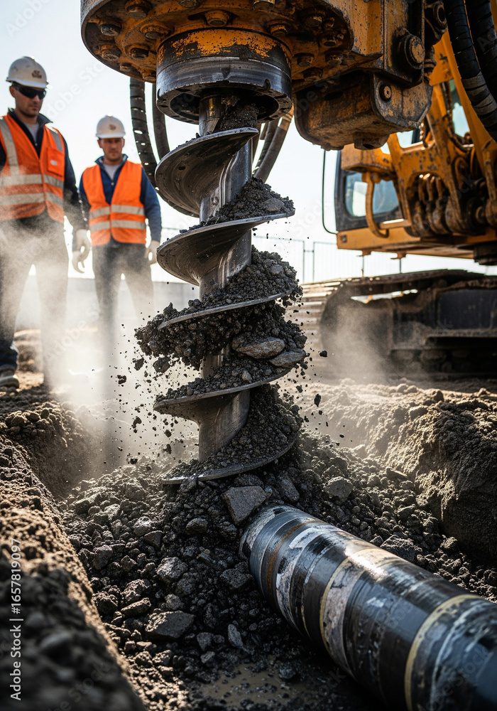 Drilling machine with large auger bit excavating dirt and rocks from ...