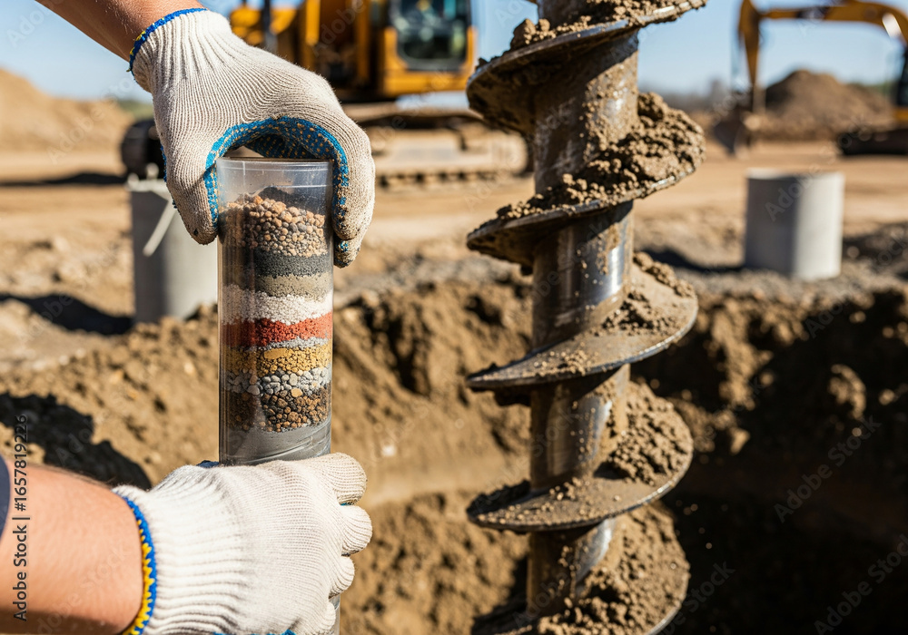 Drilling machine with large auger bit excavating dirt and rocks from ...